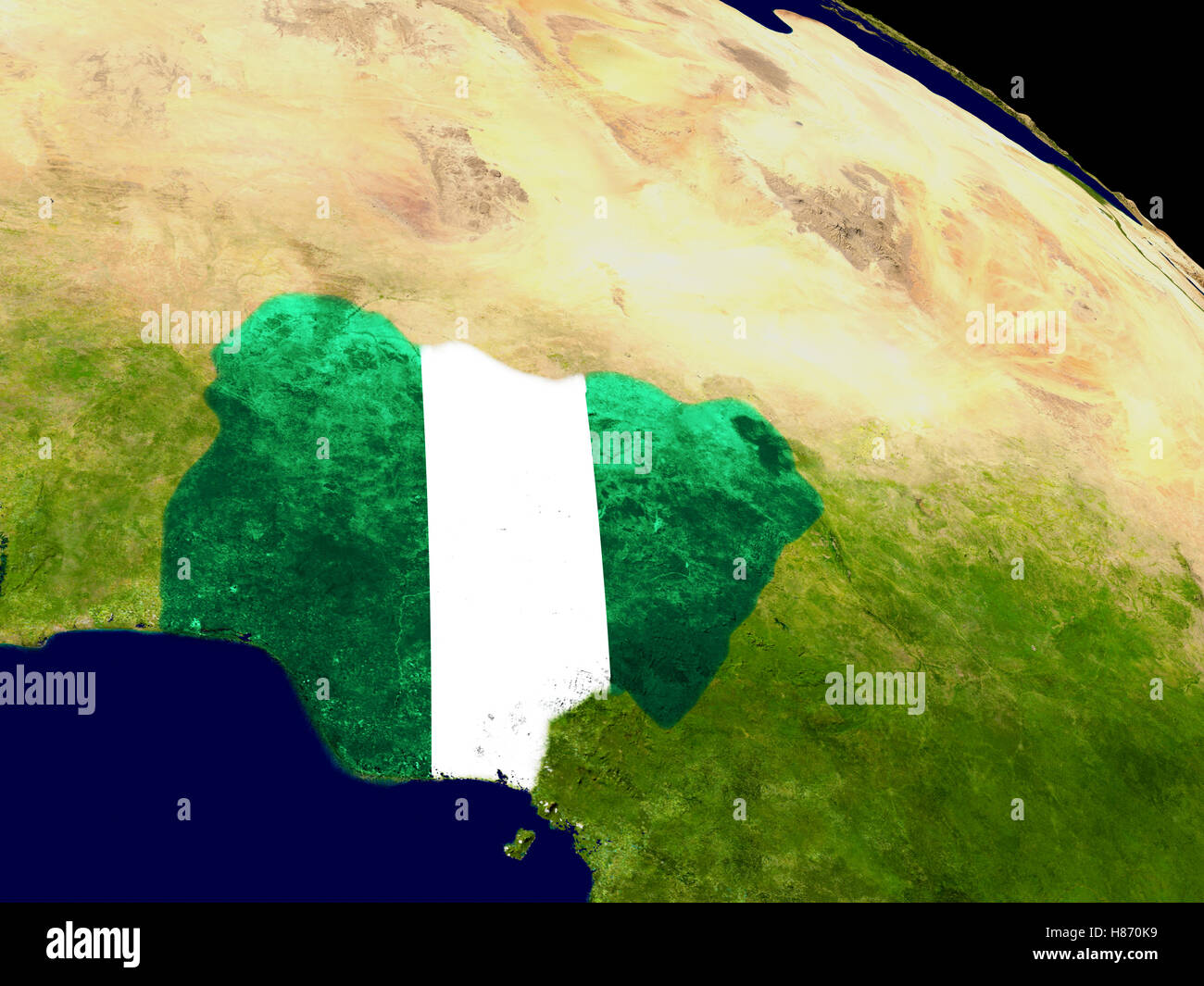Map of Nigeria with embedded flag on planet surface. 3D illustration ...