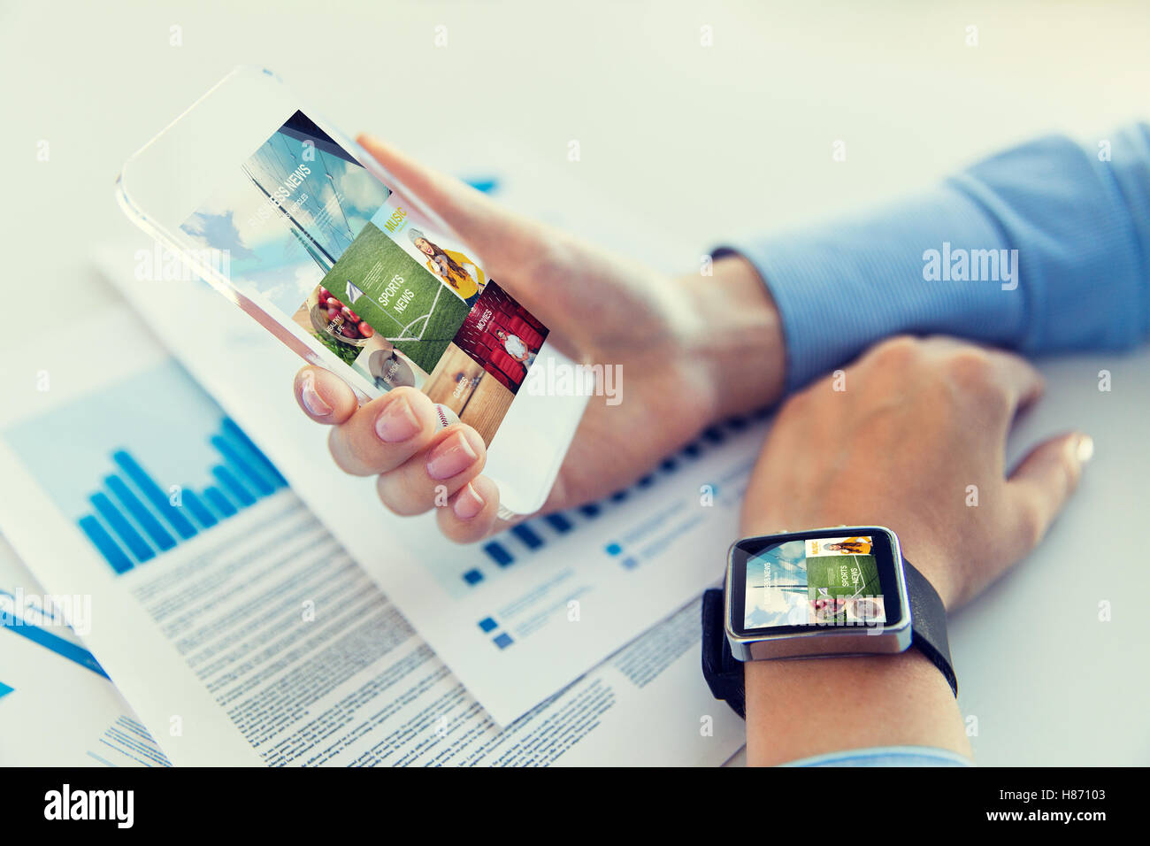 close up of hands with smart phone and watch Stock Photo - Alamy