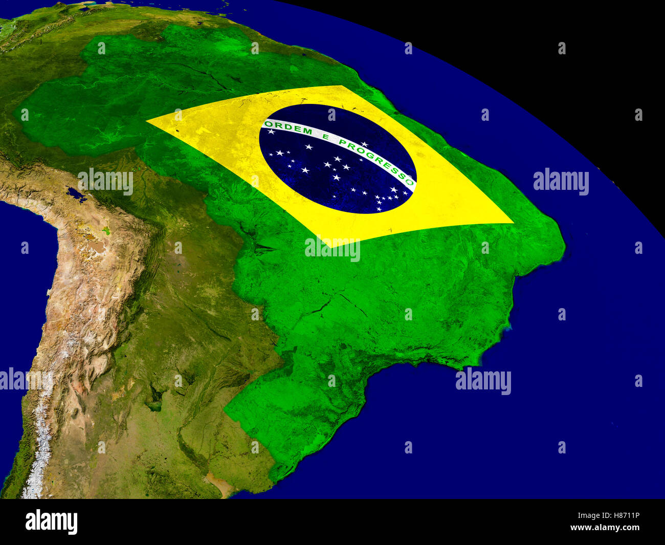 Map of Brazil with embedded flag on planet surface. 3D illustration ...