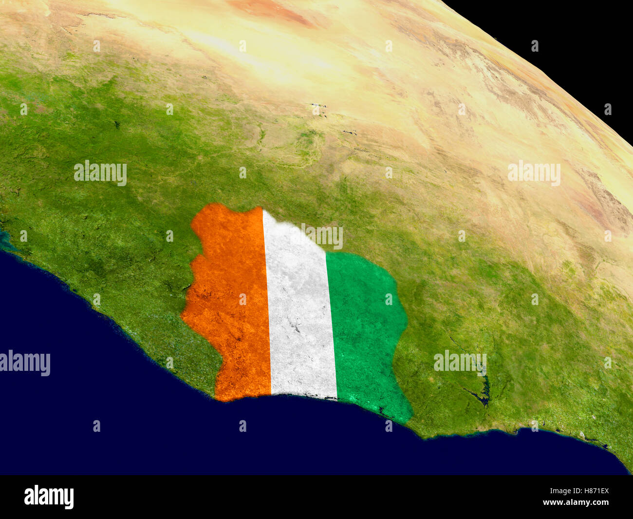 Map of Ivory Coast with embedded flag on planet surface. 3D ...