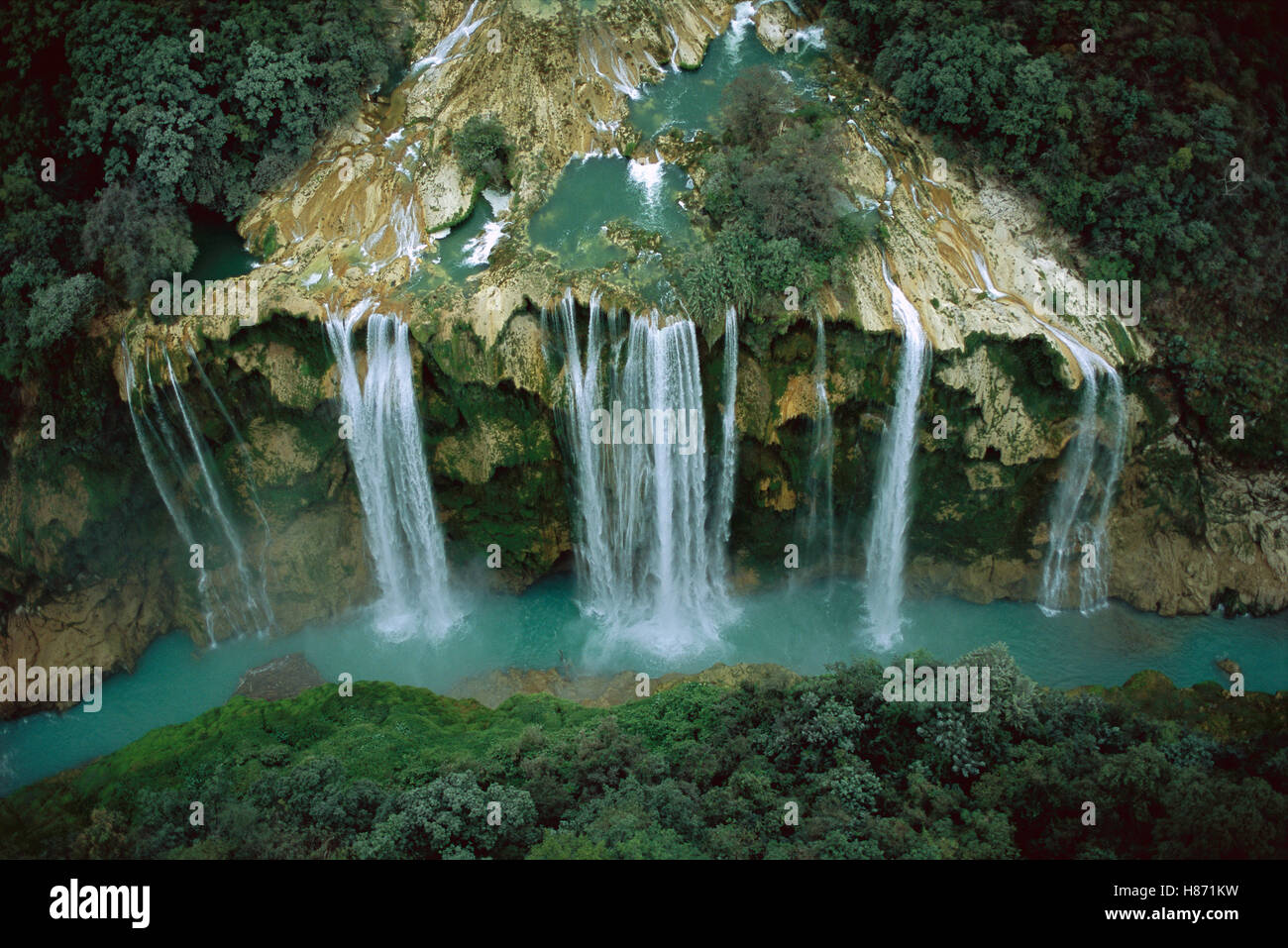 Aerial view of Tamul Waterfall (330 feet high) where Rio Gallinas ...