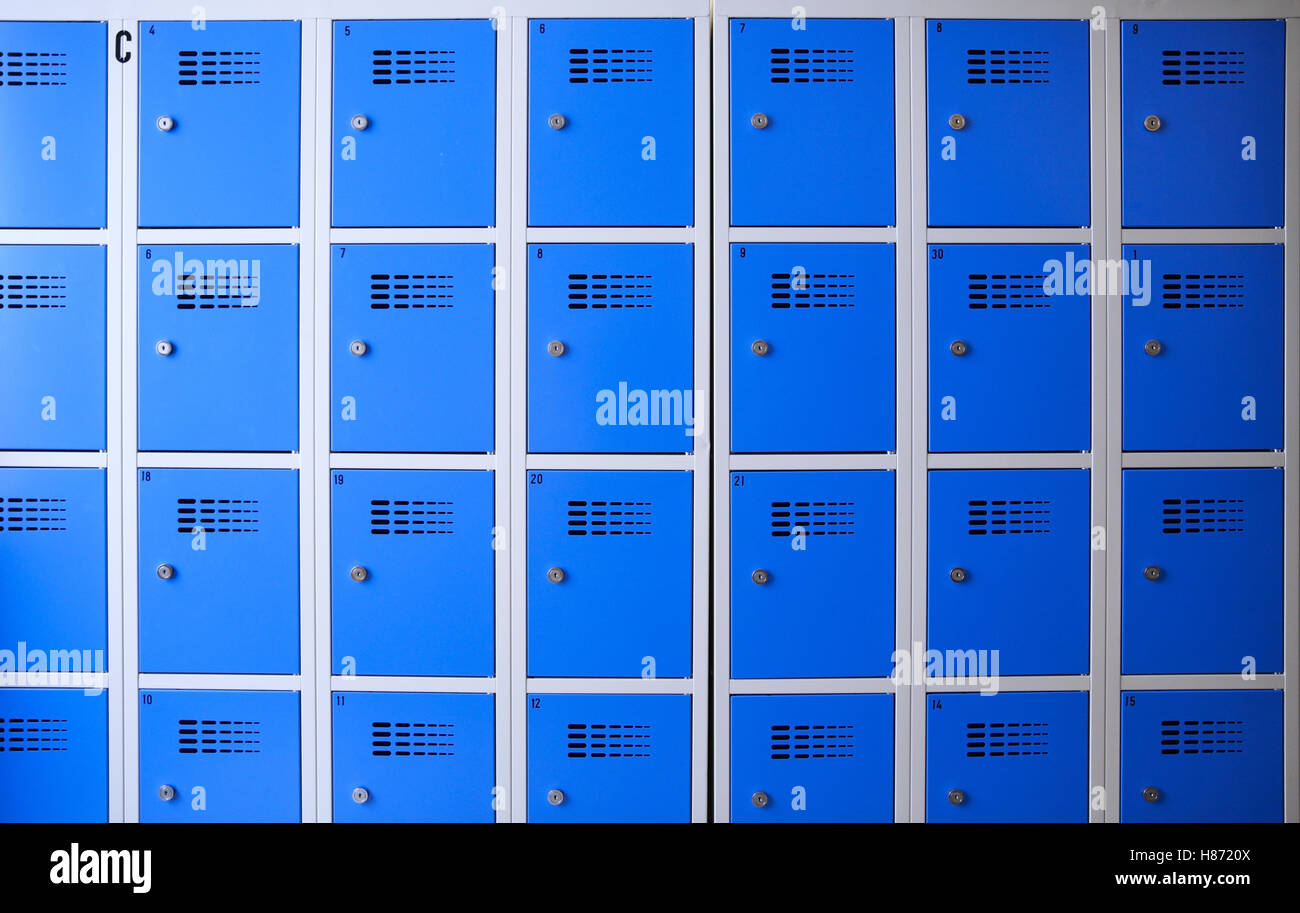 school or gym blue metal lockers Stock Photo - Alamy