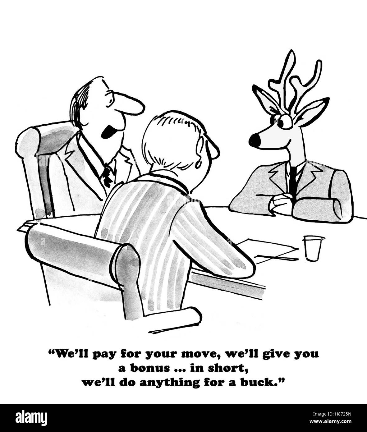 Black and white business cartoon about a job offer Stock Photo - Alamy