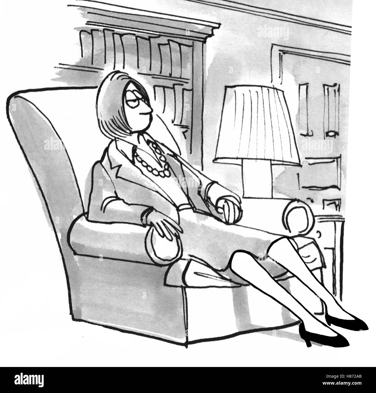 Black and white illustration of tired woman sitting slumped in living ...