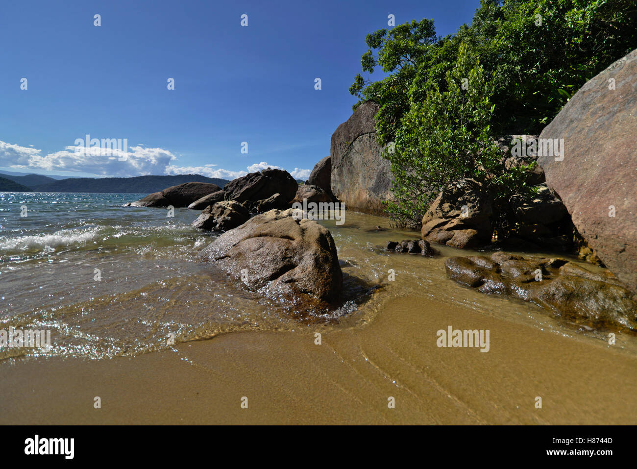 Wild seashore with sand, rocks and forest in Rio de Janeiro state ...