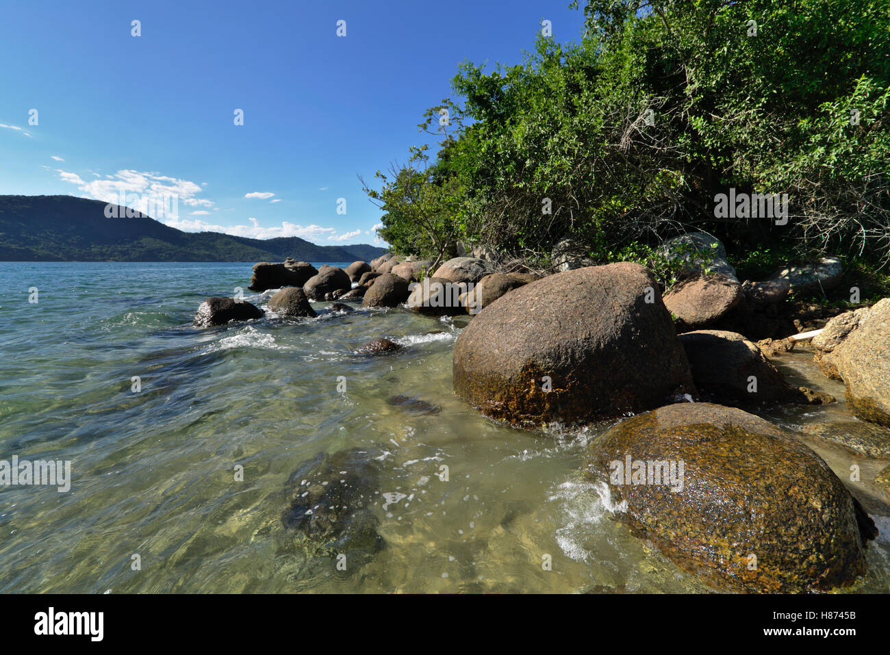 Wild seashore with sand, rocks and forest in Rio de Janeiro state ...