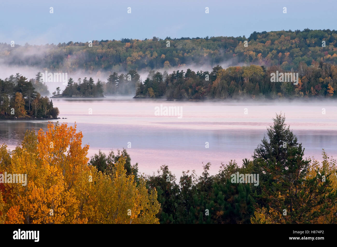 Shagawa Lake in morning mist in autumn, Boundary Waters Canoe Area ...