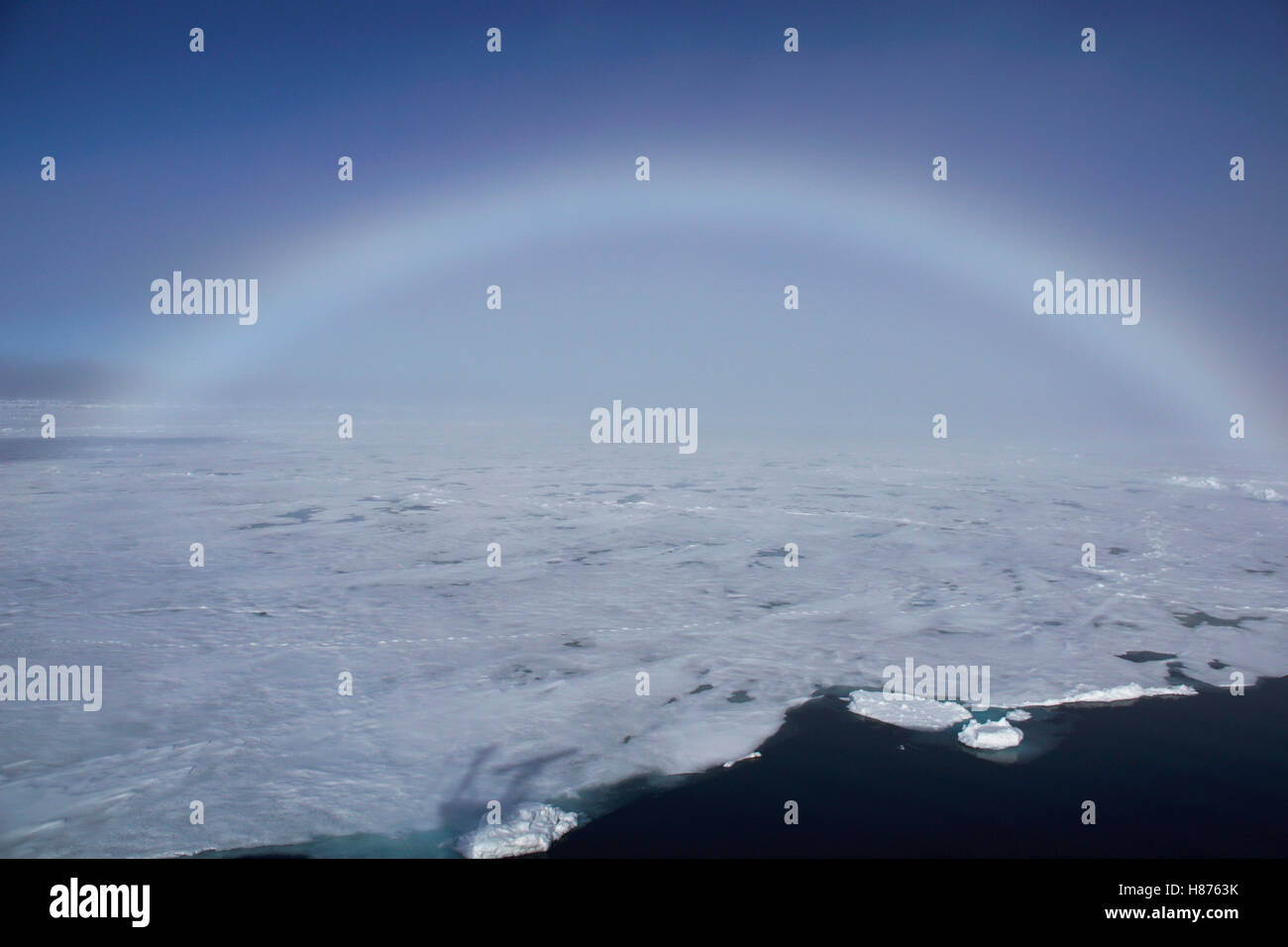 Fogbow over pack ice, Spitsbergen Island, Svalbard, Norway Stock Photo ...