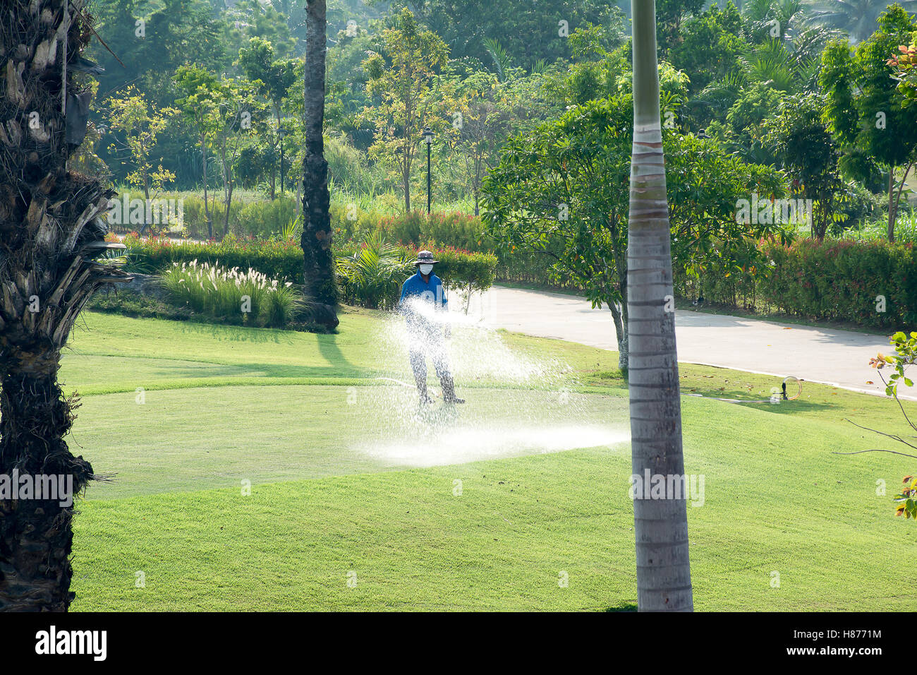 Worker is watering the grass in the golf course Stock Photo - Alamy
