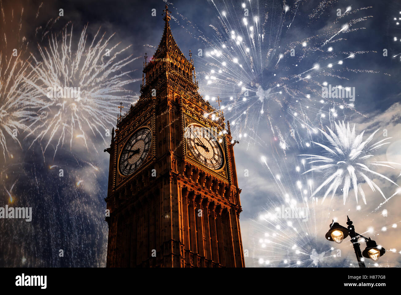 explosive fireworks display around Big Ben. New Year's Eve in the city ...