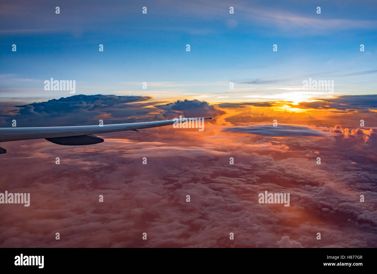 Looking from window to Air plane Wing in Flight , with beautiful ...