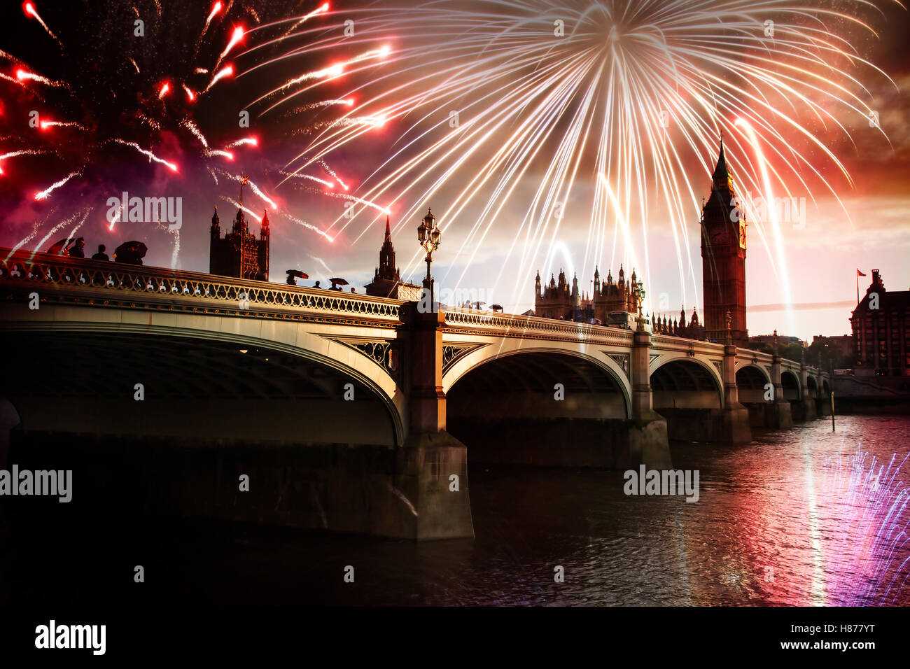 explosive fireworks display around Big Ben. New Year's Eve in the city ...