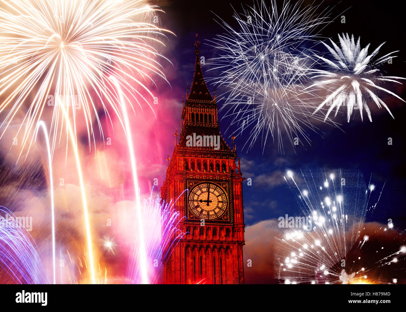 explosive fireworks display around Big Ben. New Year's Eve in the city ...