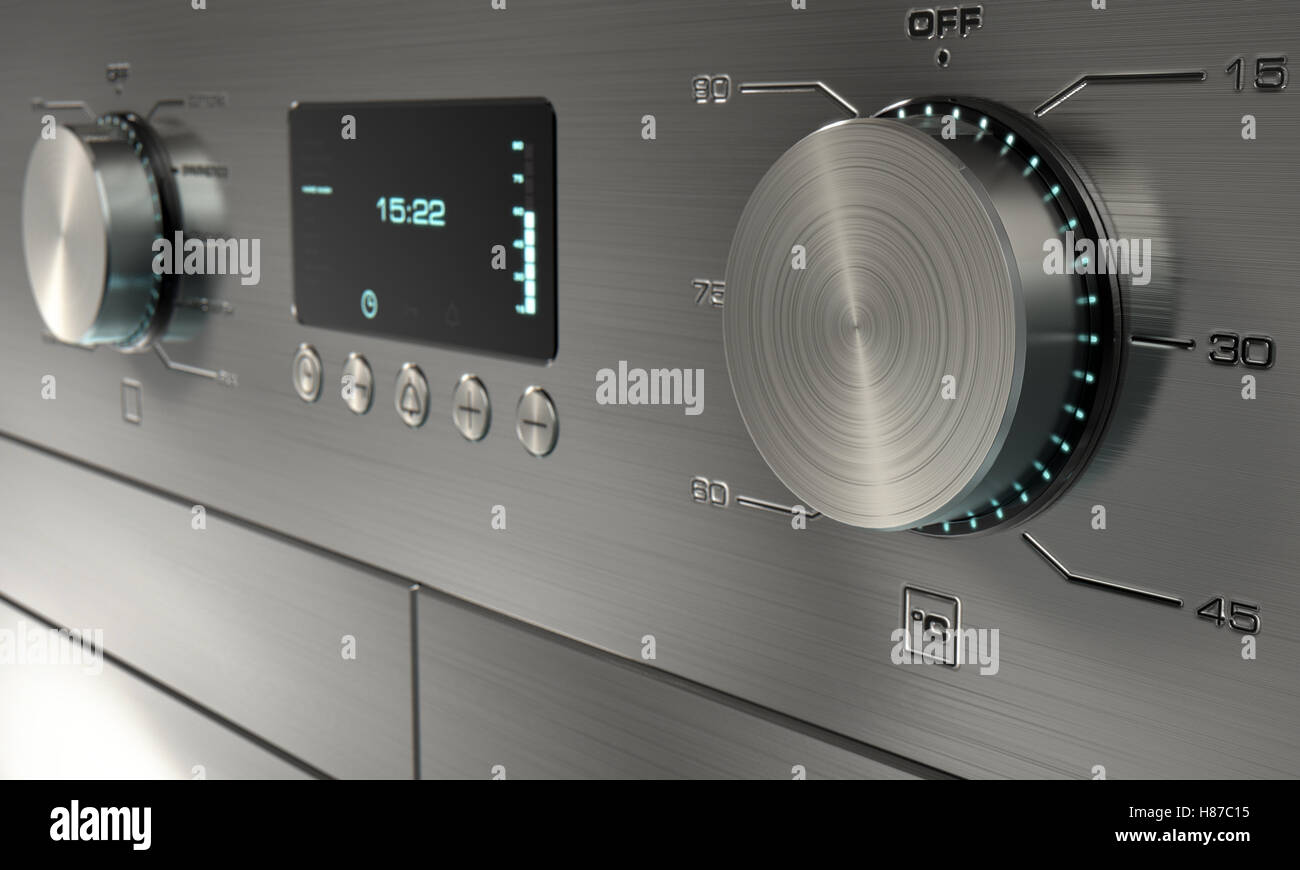 A 3D render of a closeup of the dials of a modern stainless steel ...