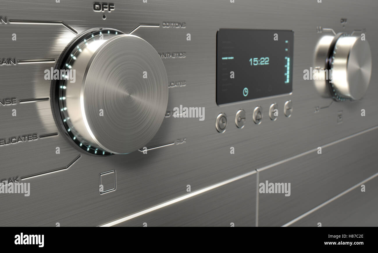 A 3D render of a closeup of the dials of a modern stainless steel ...