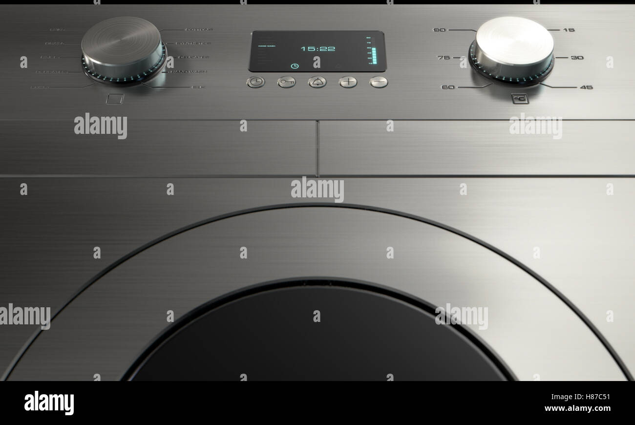 A 3D render of a closeup of the dials of a modern stainless steel ...