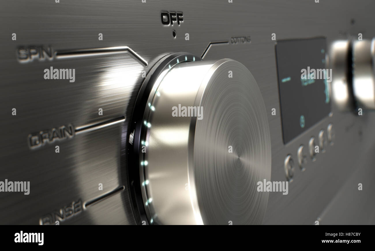 A 3D render of a closeup of the dials of a modern stainless steel ...