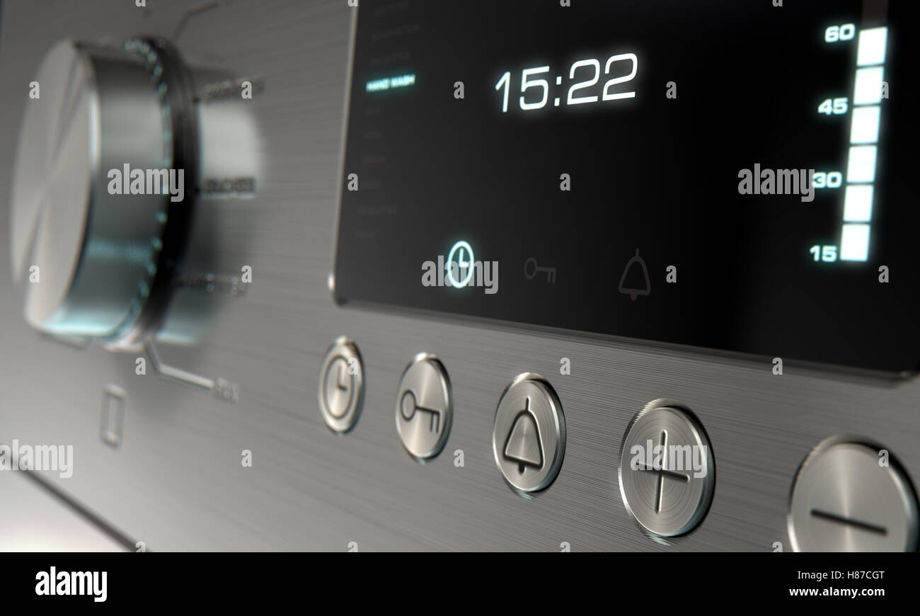 A 3D render of a closeup of the dials of a modern stainless steel ...