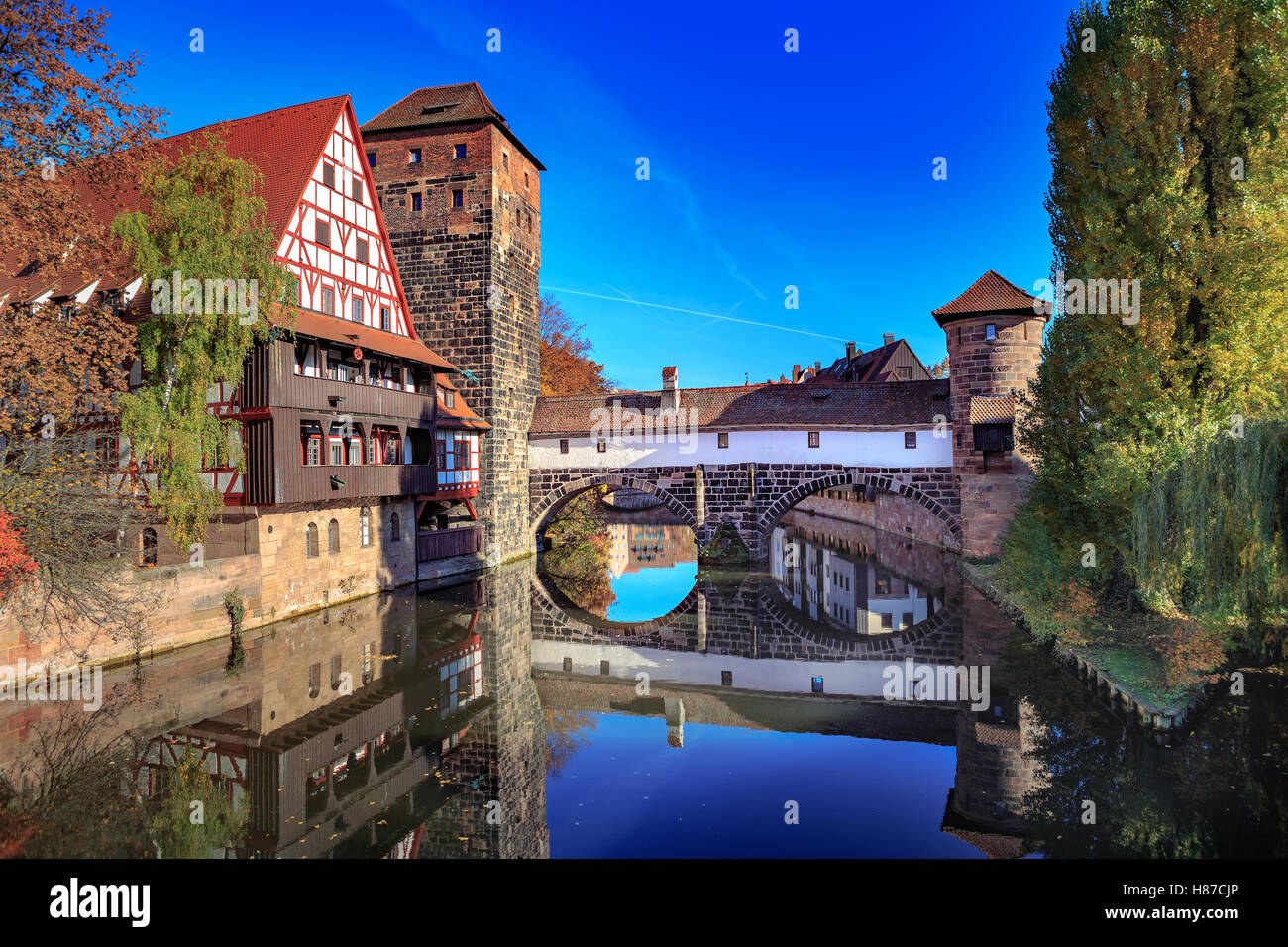 The riverside of Pegnitz river in Nuremberg town, Germany Stock Photo ...