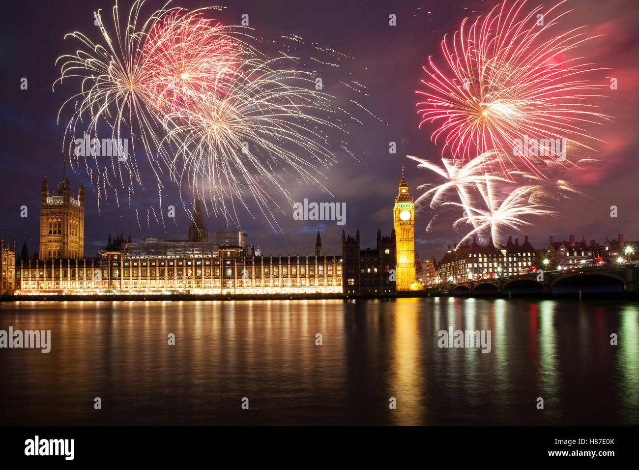 explosive fireworks display around Big Ben. New Year's Eve in the city ...