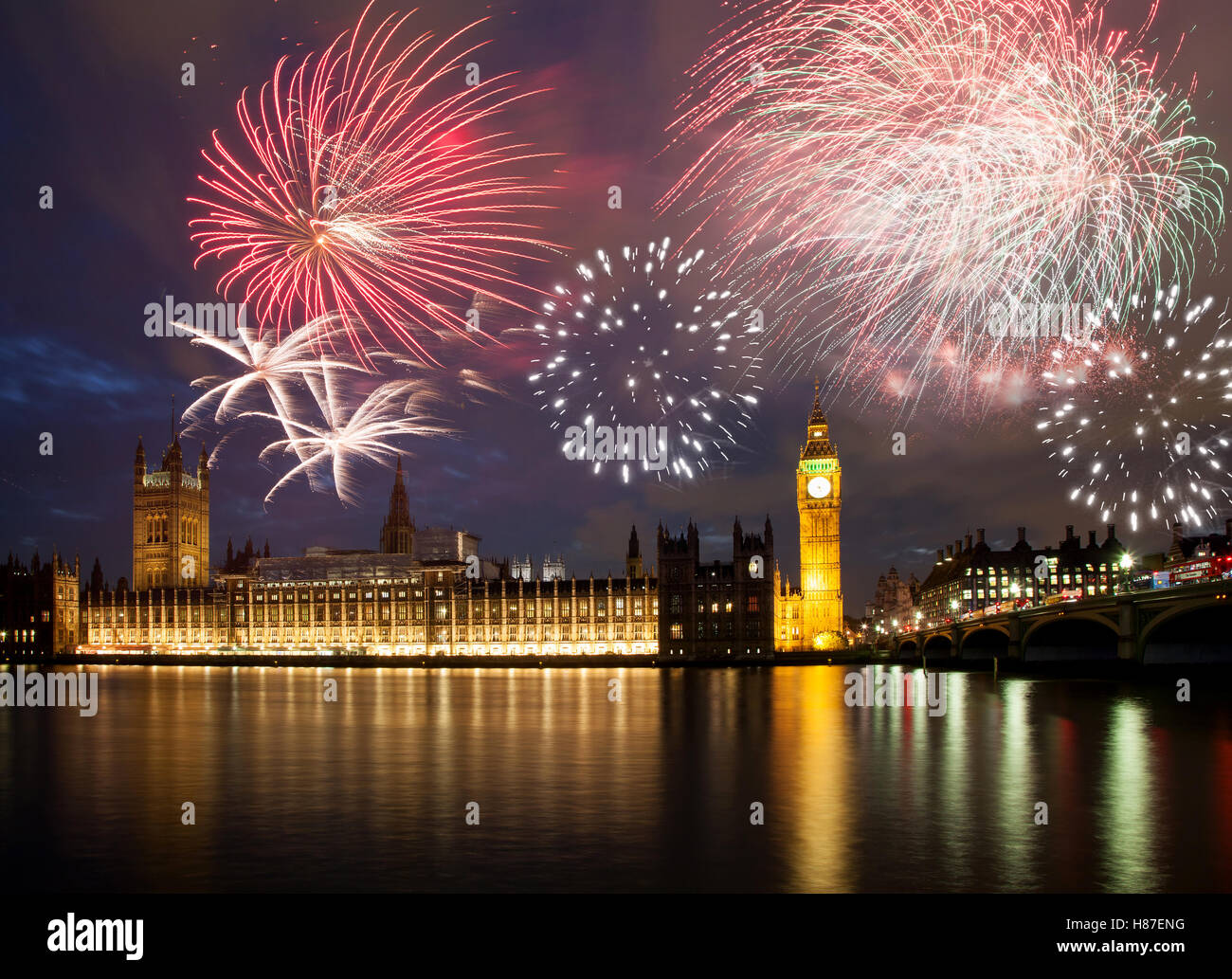 explosive fireworks display around Big Ben. New Year's Eve in the city ...