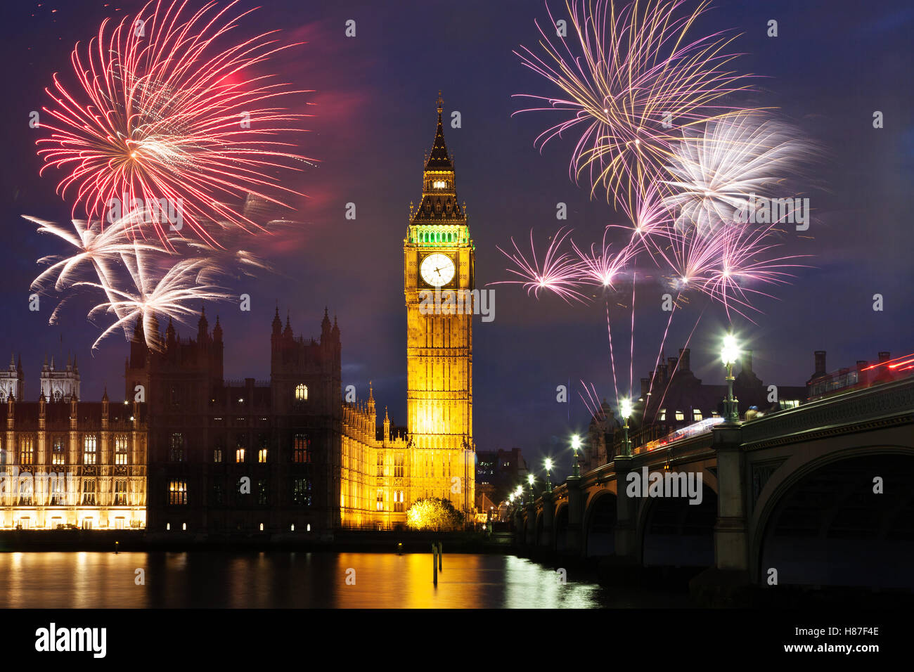 explosive fireworks display around Big Ben. New Year's Eve in the city ...