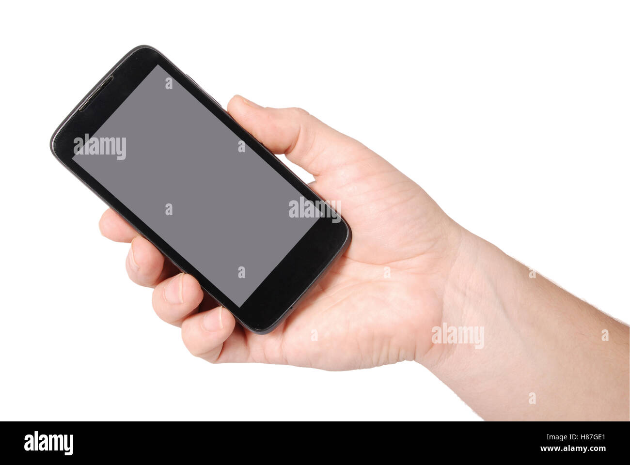 Man hand holding a smartphone with blank screen isolated on white Stock ...