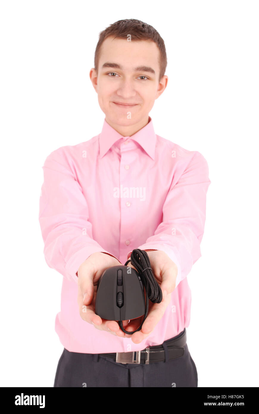 Young man holds in his hand black computer optical mouse isolated on ...