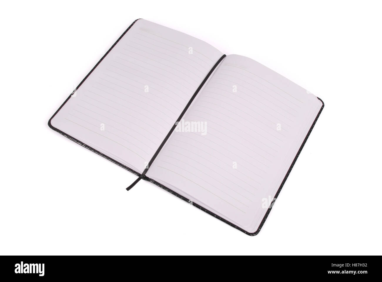 Black open notebook facing right angle to us isolated on white ...