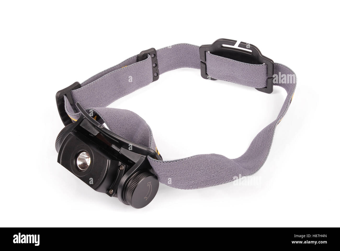 Black LED head lantern with elastic fixtures isolated on white ...