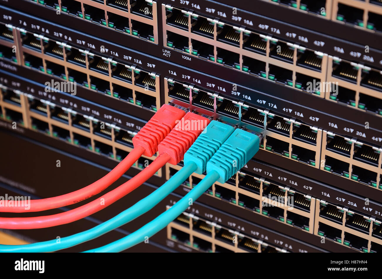 Closeup photo of router with connected network cables Stock Photo - Alamy