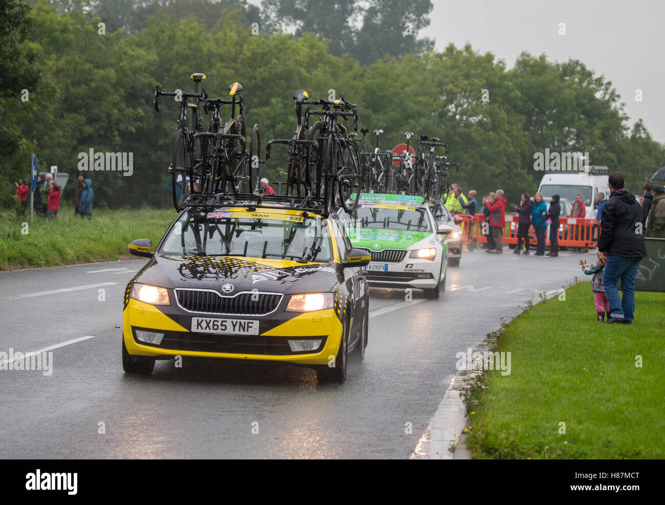 Tour of Britain Cycle Race support vehicles following the cycle race ...