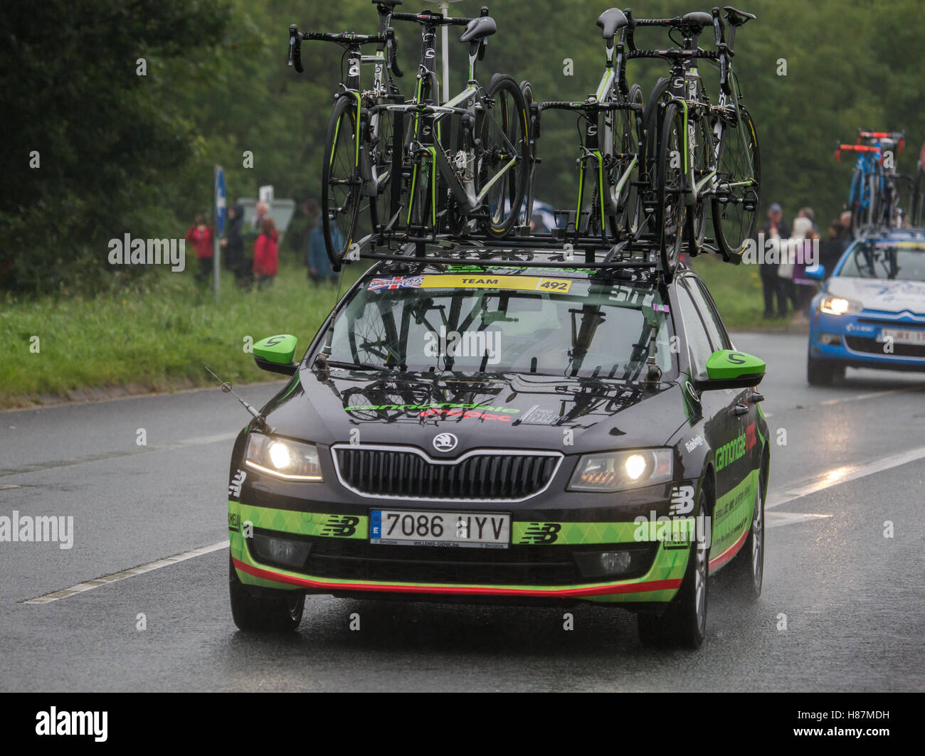 Tour of Britain Cycle Race support vehicles following the cycle race ...