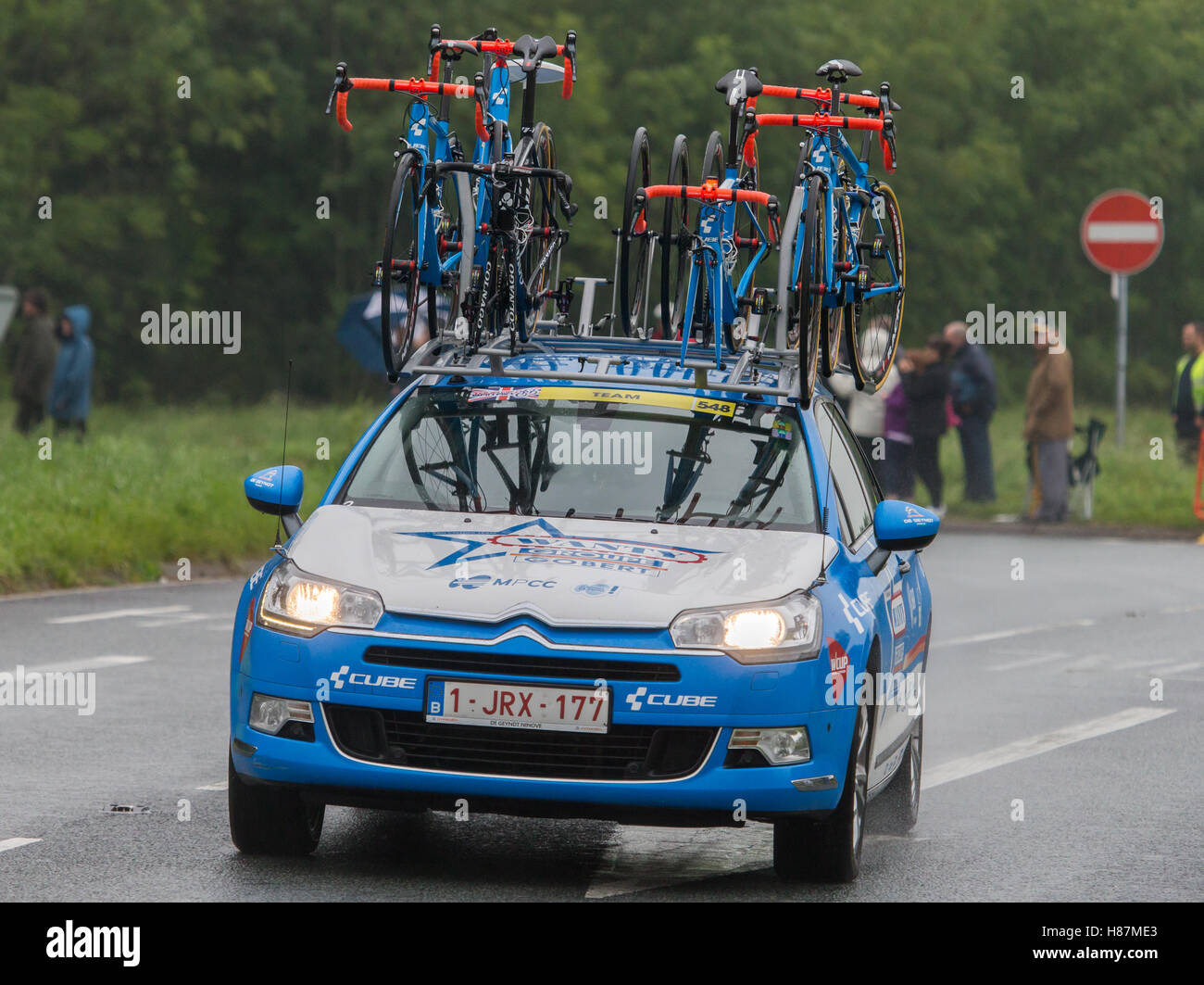 Tour of Britain Cycle Race support vehicles following the cycle race ...