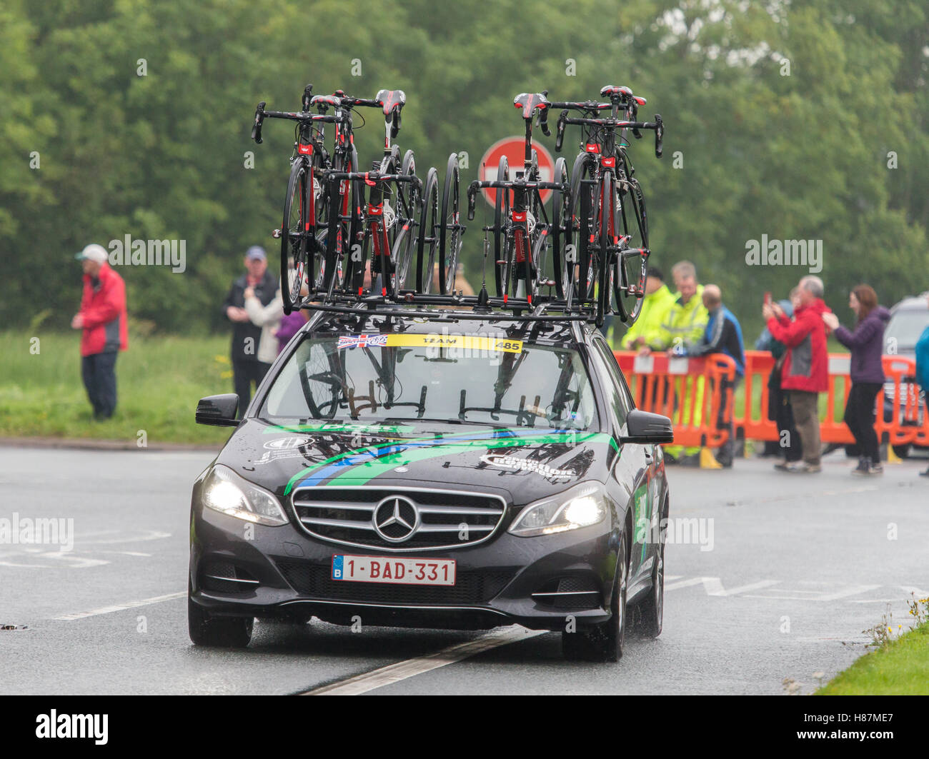 Tour of Britain Cycle Race support vehicles following the cycle race ...