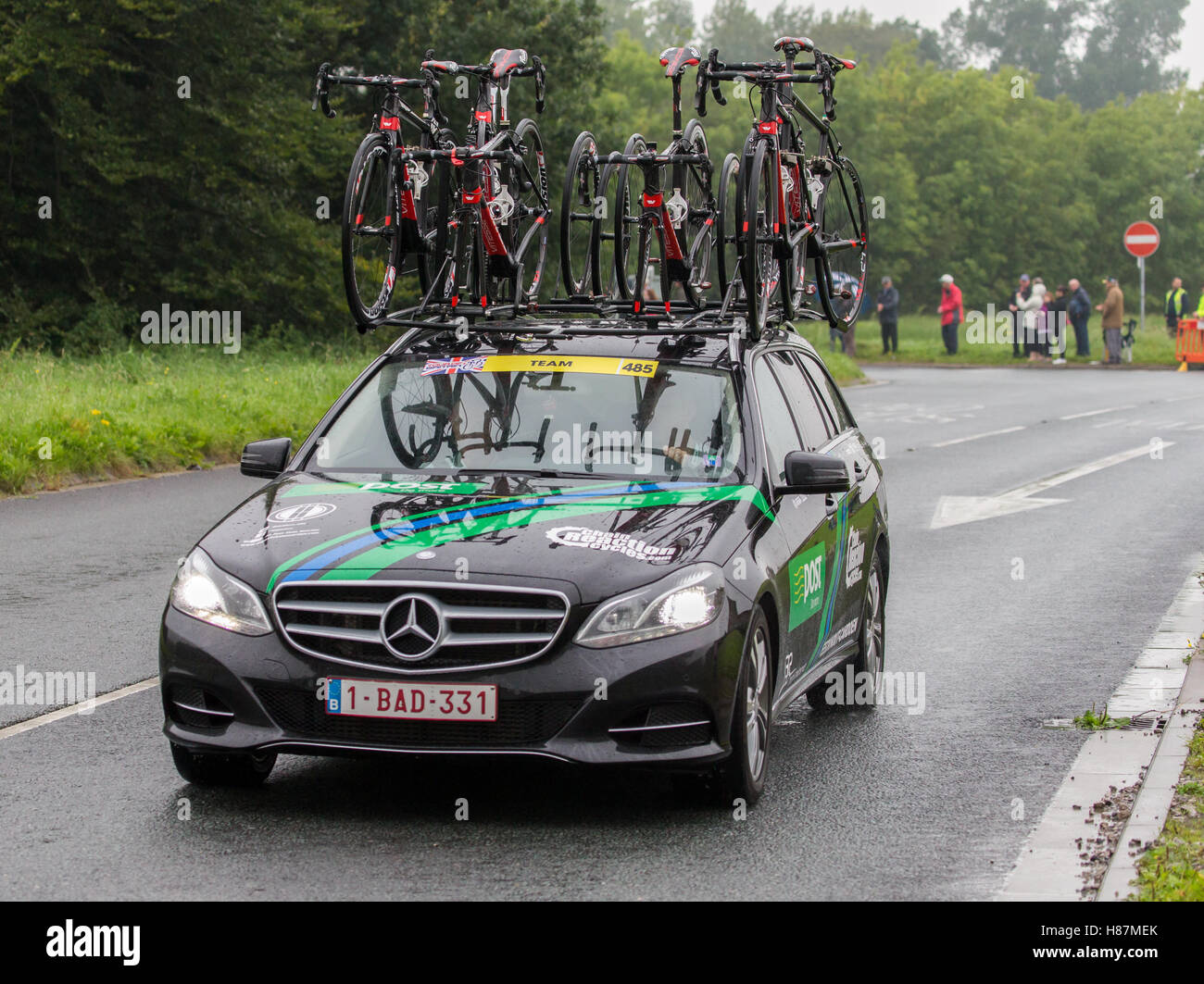 Tour of Britain Cycle Race support vehicles following the cycle race ...
