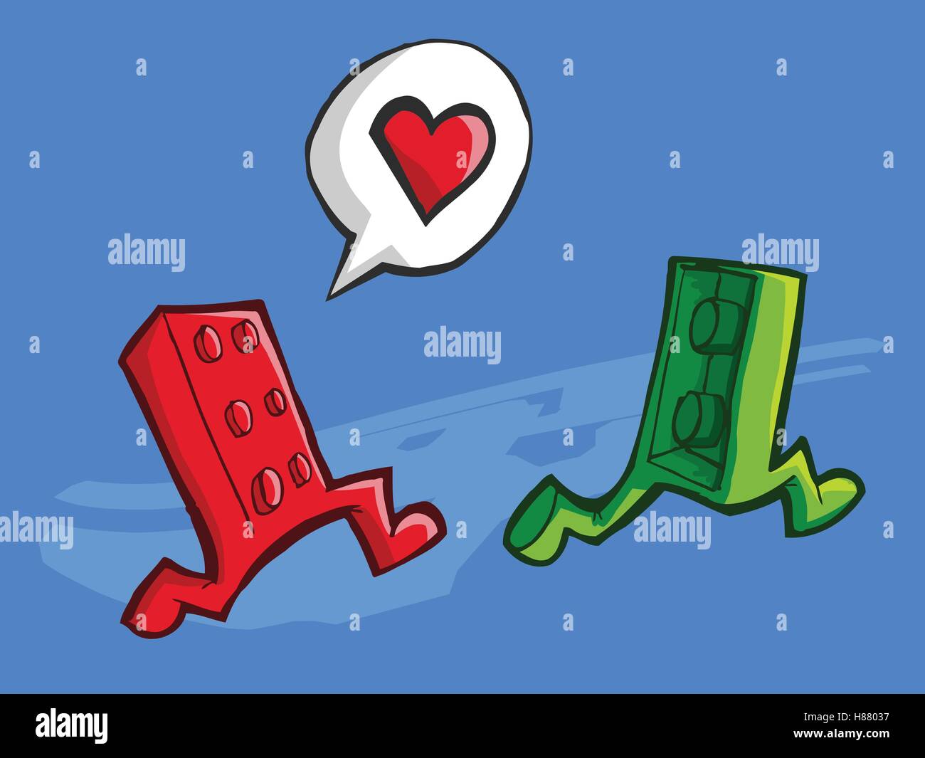 Vector illustration of two bricks lego pieces running. Love concept ...