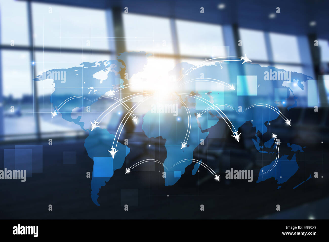 aviation business background with planes world map on blurred airport ...