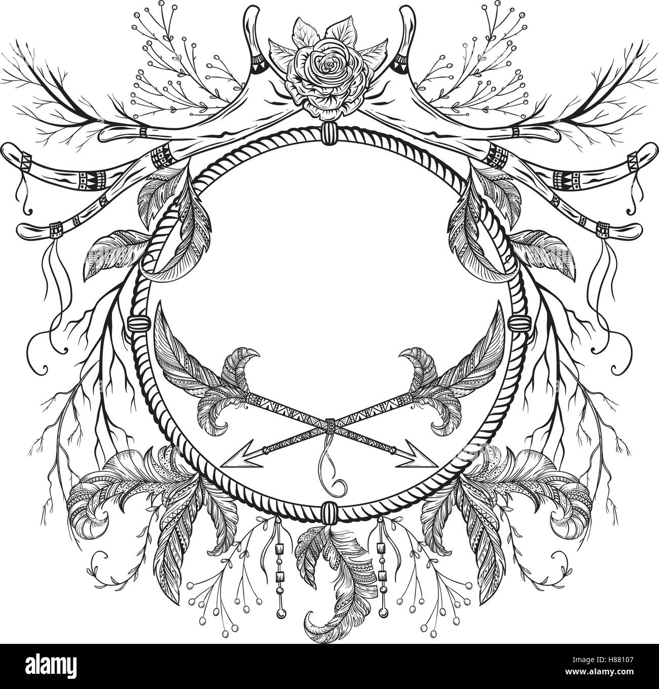 Wreath with antler, feather, arrow, flower, leaf and branch in boho ...