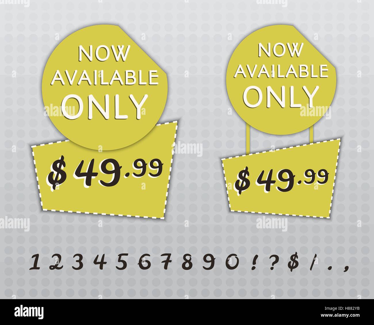 Sale stickers and labels with Now available only text and 0-9 figures ...