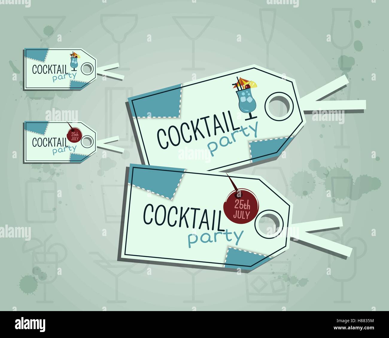 Summer cocktail party sticker and label layout template with blue ...