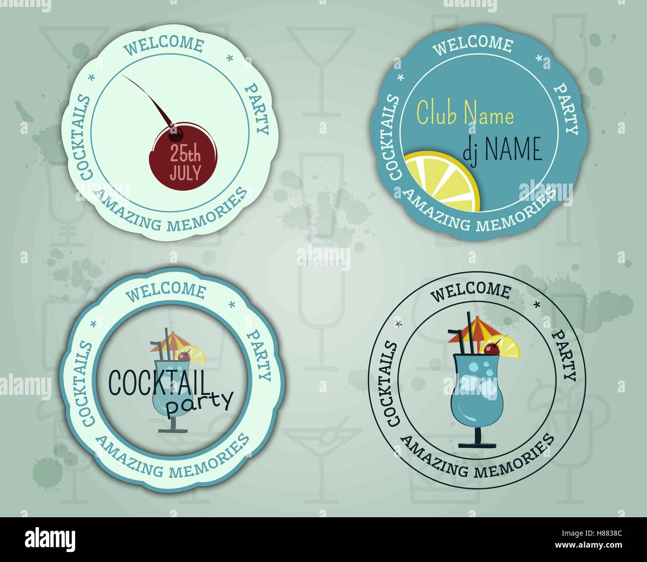 Summer cocktail party badge and logo layout template with blue lagoon ...