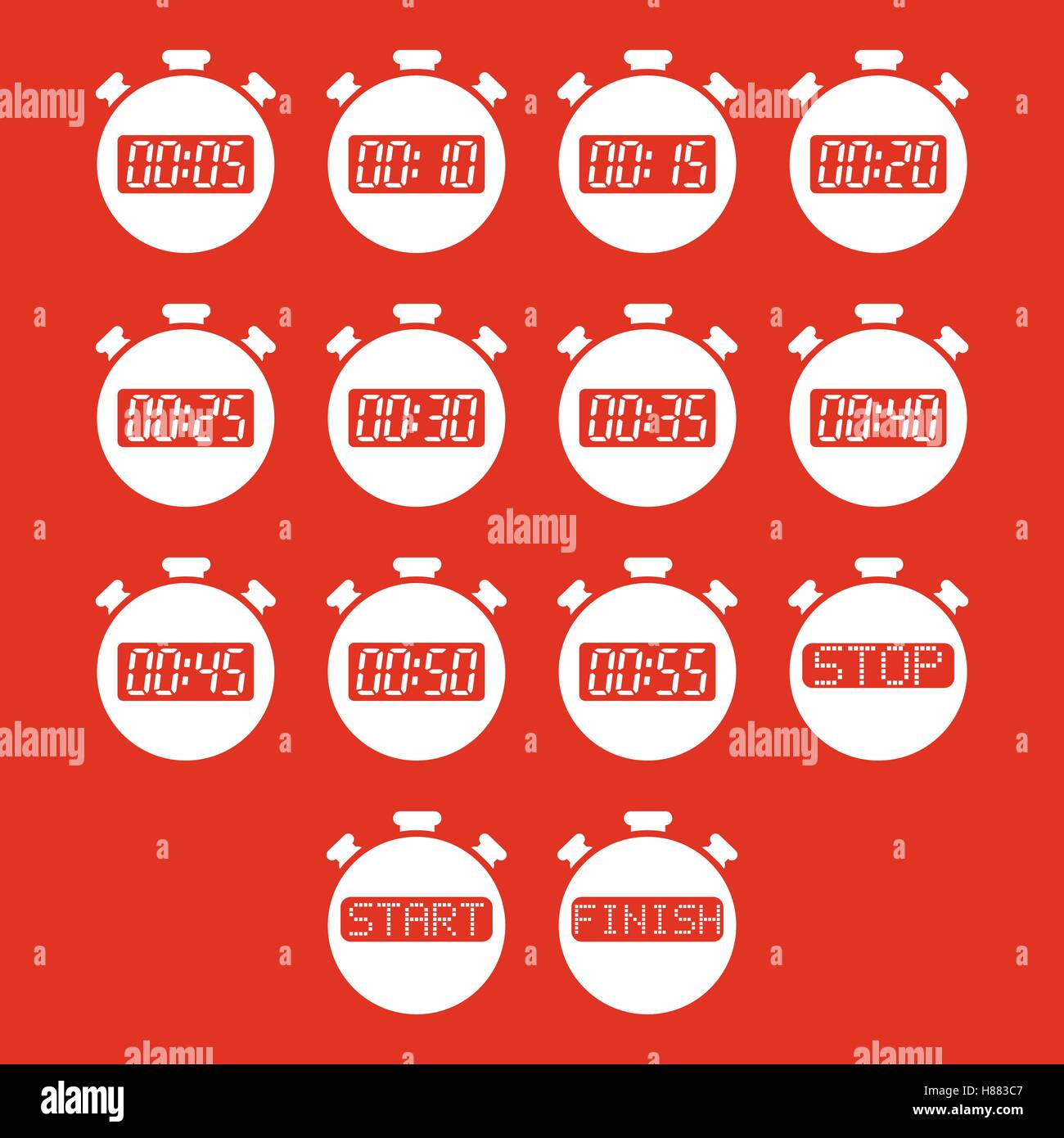 The stopwatch icon, set of 14 icons. Clock and watch, timer, countdown ...