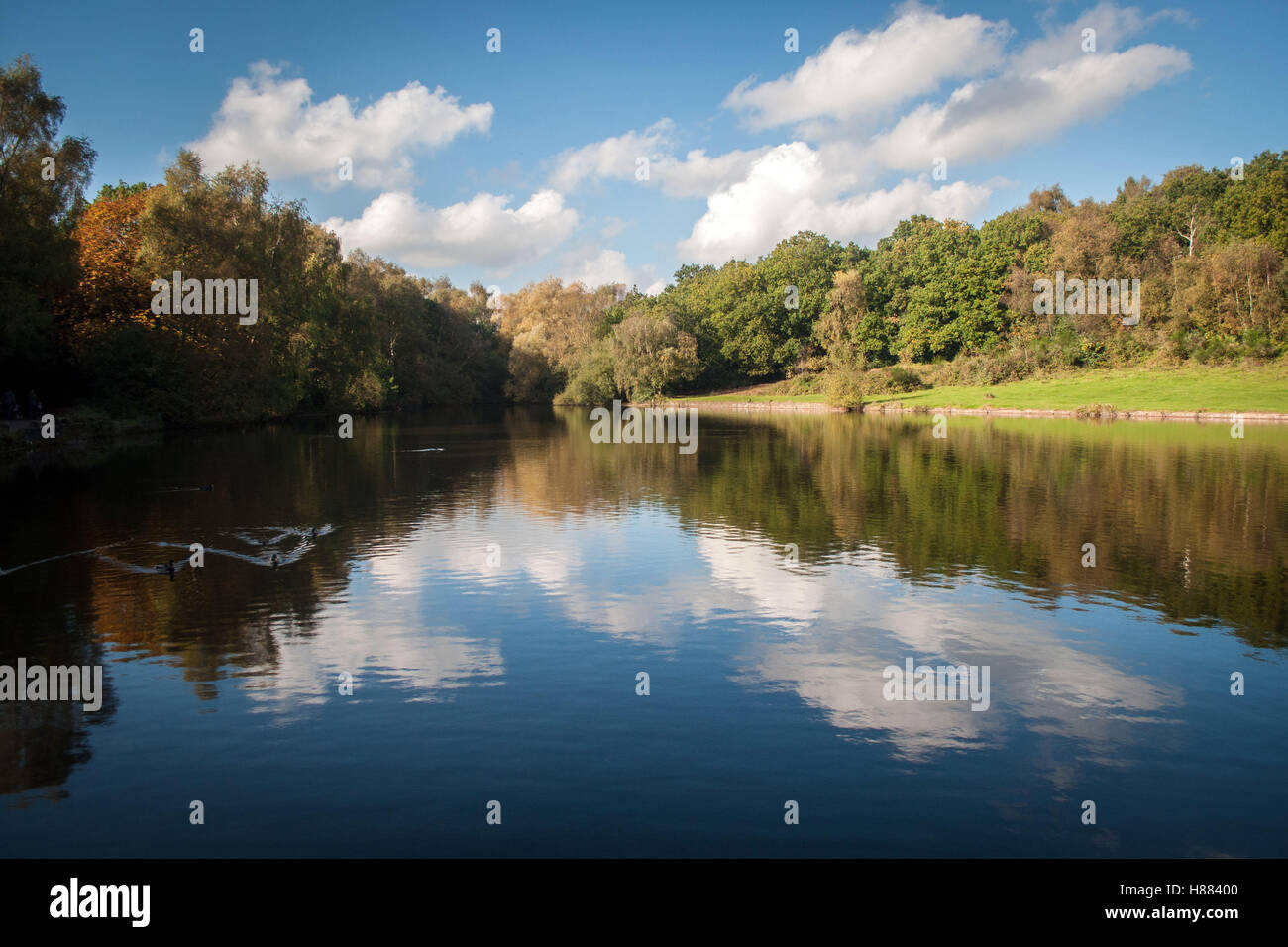 Autumn colours the sky and clouds in Keepers Pool, Sutton Park, Sutton ...