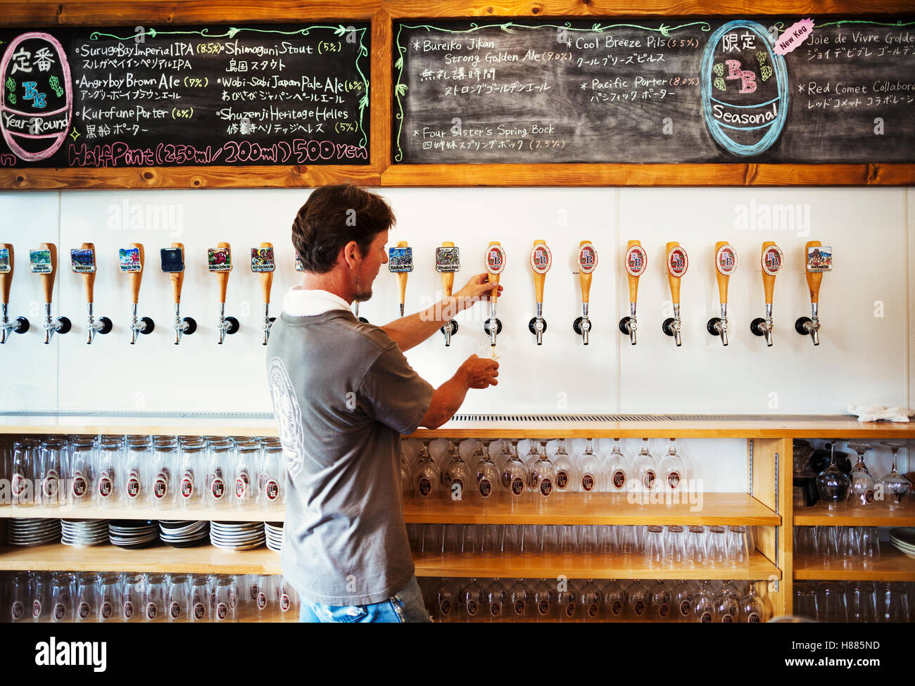 Man pulling a glass of beer from a tab in a brewery Stock Photo - Alamy
