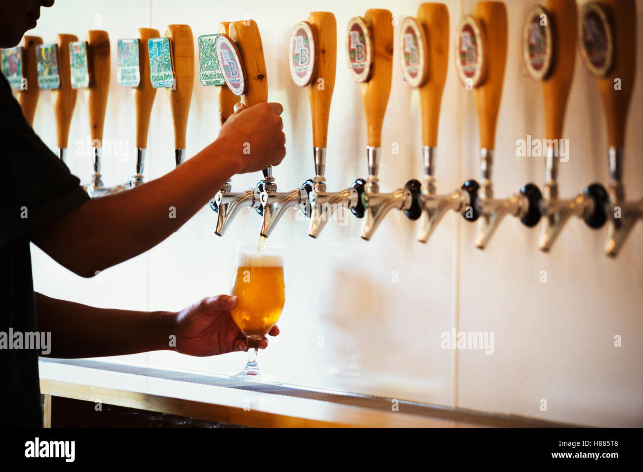 Man pulling a glass of beer from a tasting bar in a brewery Stock Photo ...