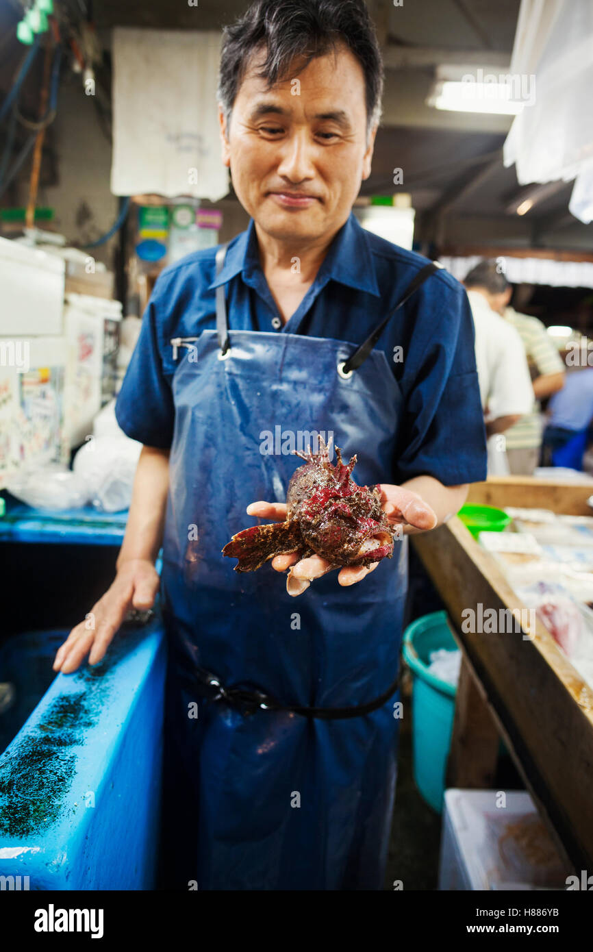 A traditional fresh fish market in Tokyo. a man holding out a lionfish ...