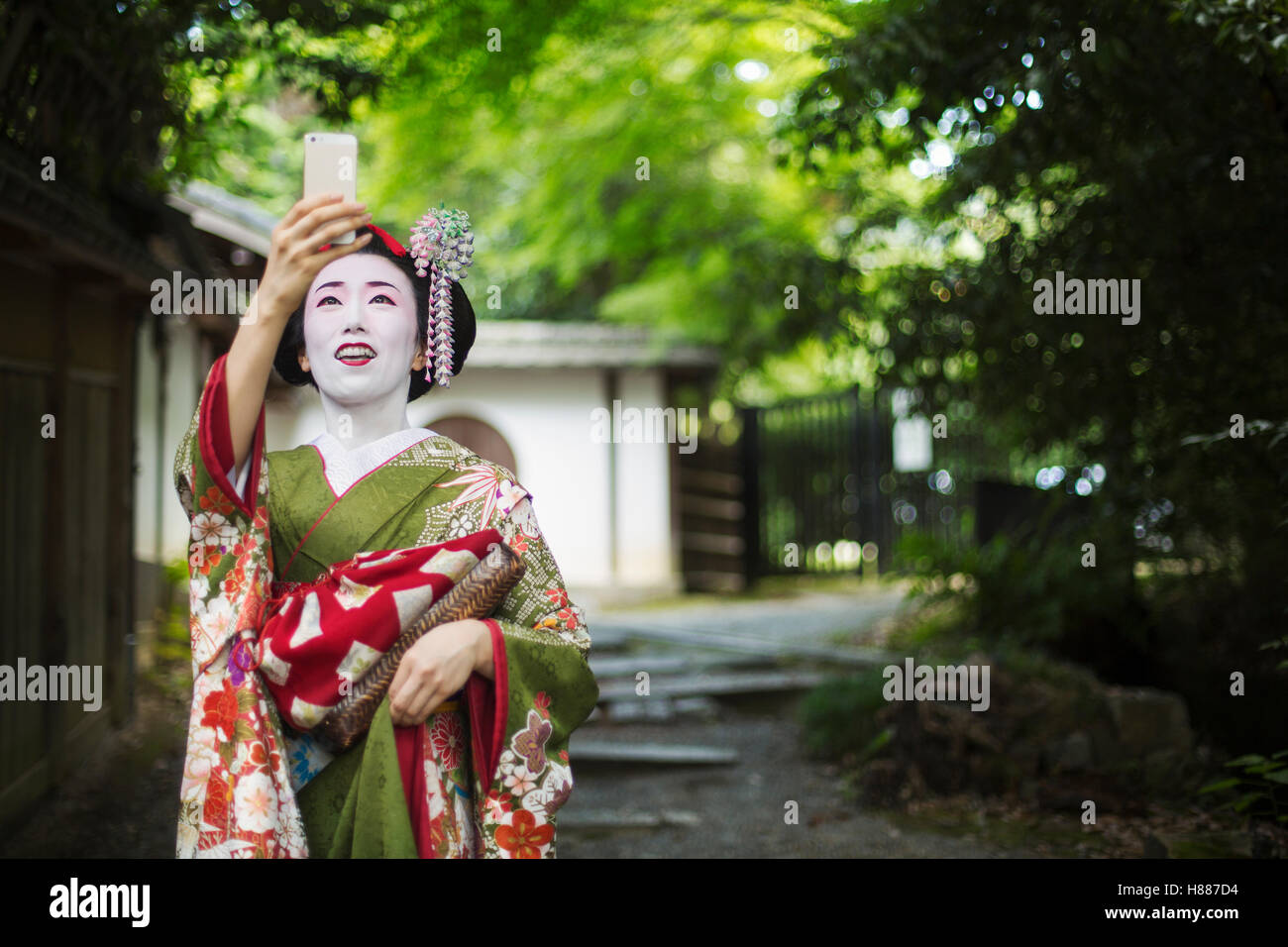 A woman dressed in the traditional geisha style, wearing a kimono and ...