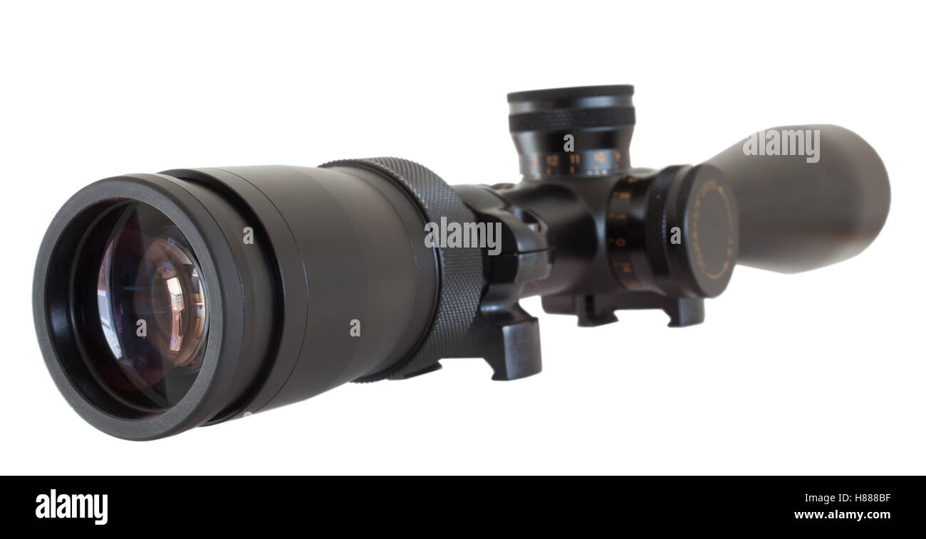 Rifle scope that has a reflection in its front lens isolated on white ...