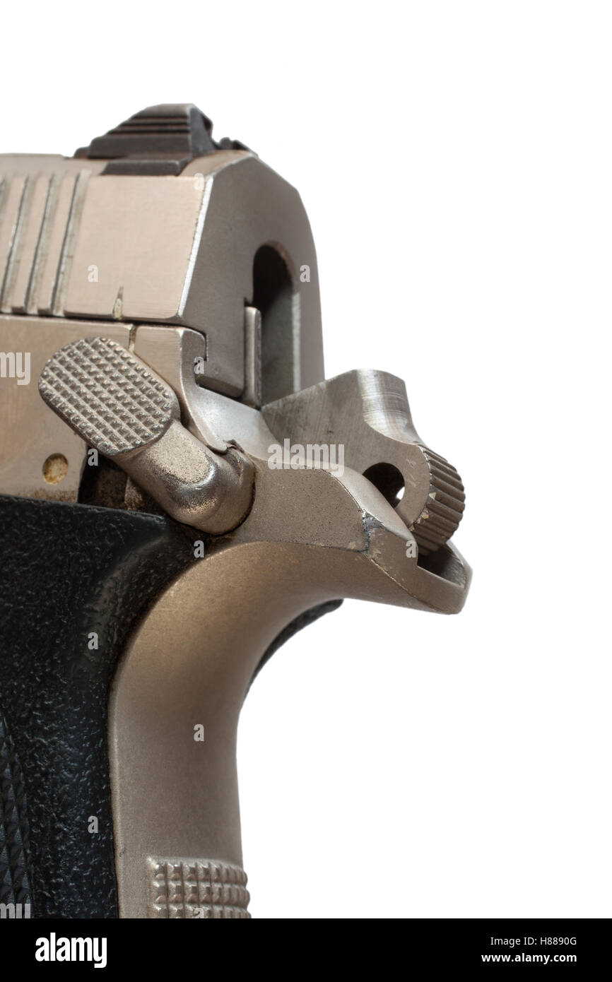 Hammer and backstrap on a semi auto handgun isolated on white Stock ...